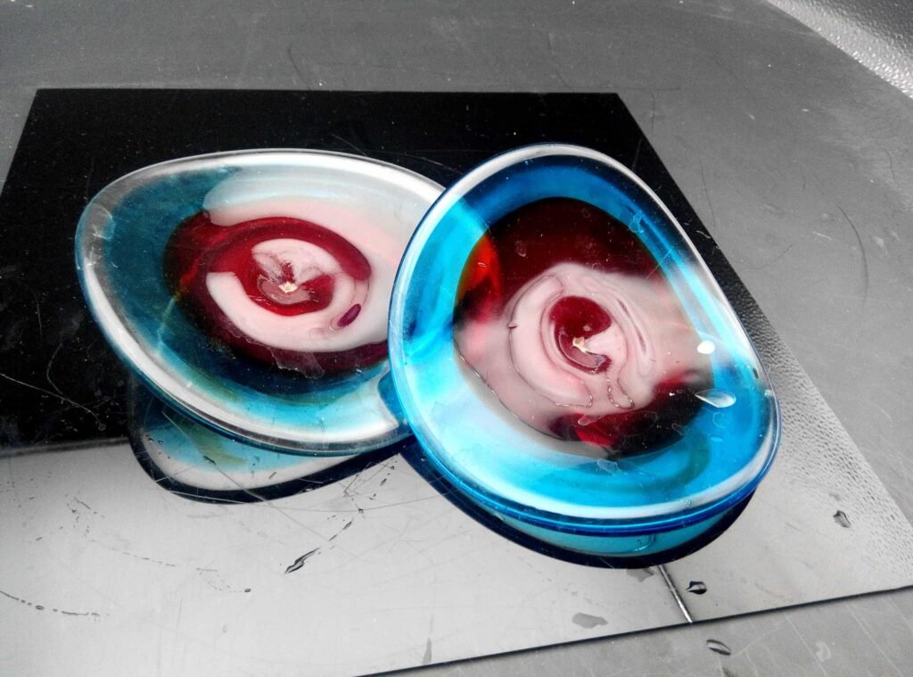 Handcrafted Blue-Red Swirl Glass Discs For Custom Chandeliers